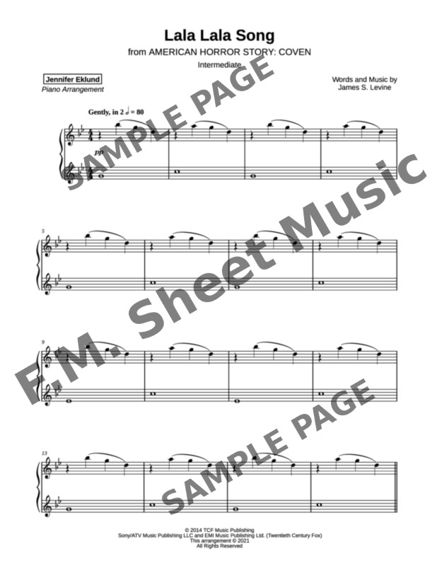 Lala Lala Song (Intermediate Piano) By James Levine - F.M. Sheet Music ...
