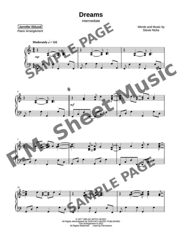 Dreams (Intermediate Piano) By Fleetwood Mac - F.M. Sheet Music - Pop ...