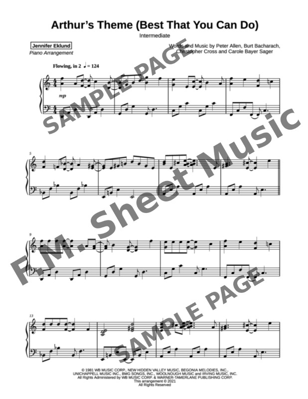 Arthur's Theme (Intermediate Piano) By Christopher Cross - F.M. Sheet ...