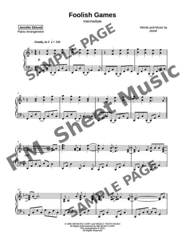 Foolish Games (Intermediate Piano) By Jewel - F.M. Sheet Music - Pop ...