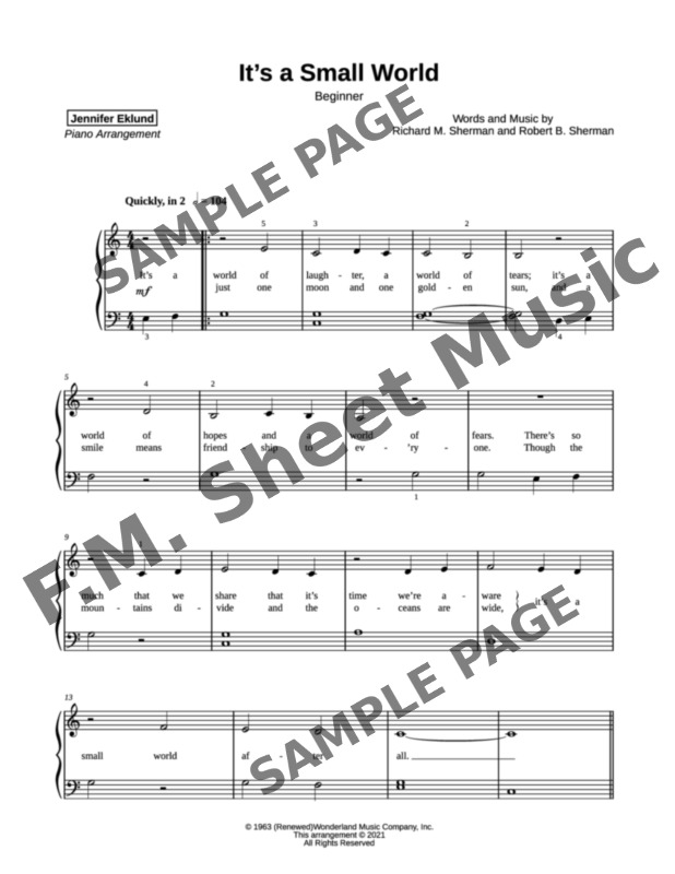 It's a Small World (for Beginners) By Robert Sherman - F.M. Sheet Music ...