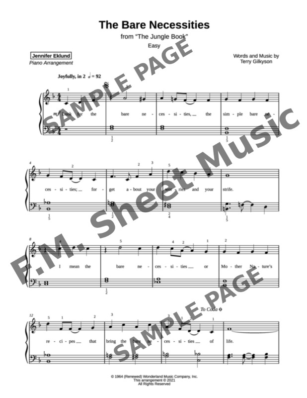 The Bare Necessities (Easy Piano) By Terry Gilkyson - F.M. Sheet Music ...