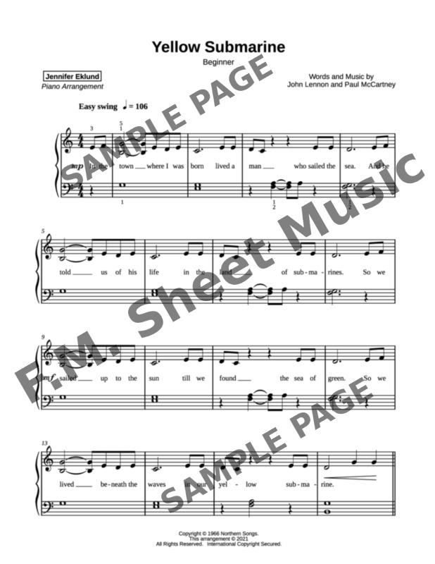 Yellow Submarine (for Beginners) By The Beatles - F.M. Sheet Music ...