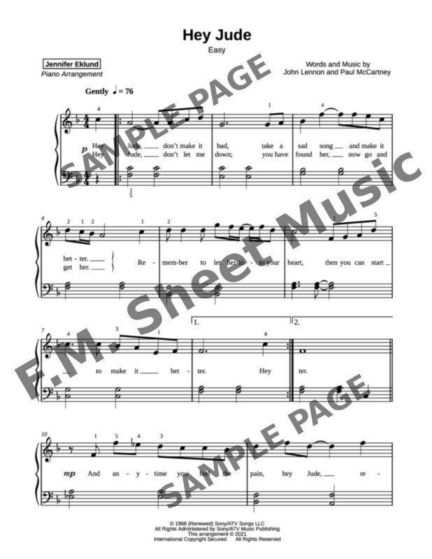 Hey Jude (Easy Piano) By The Beatles - F.M. Sheet Music - Pop ...