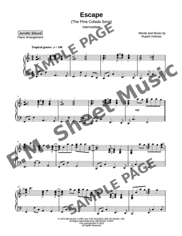 Escape (The Piña Colada Song) (Intermediate Piano) By Rupert Holmes - F ...