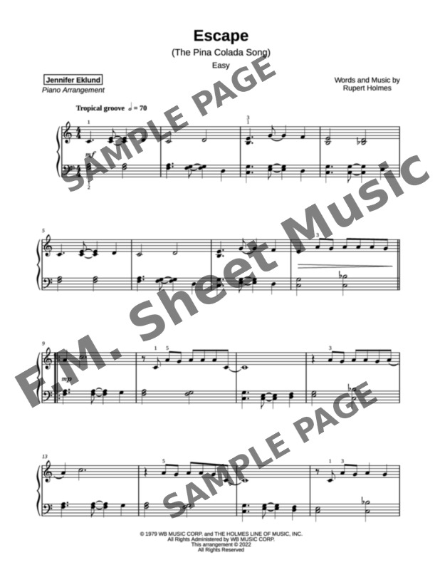 Escape (The Piña Colada Song) (Easy Piano) By Rupert Holmes - F.M ...