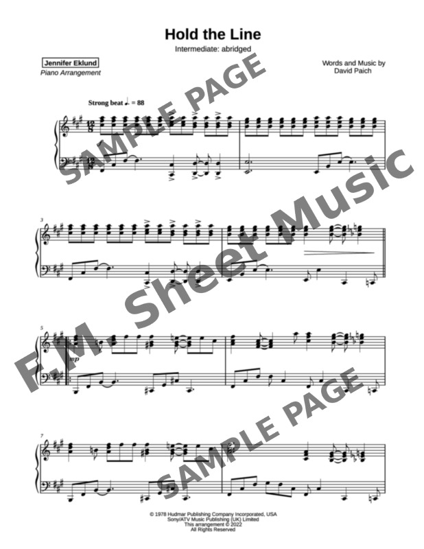 Hold the Line (Intermediate Piano) By Toto - F.M. Sheet Music - Pop ...