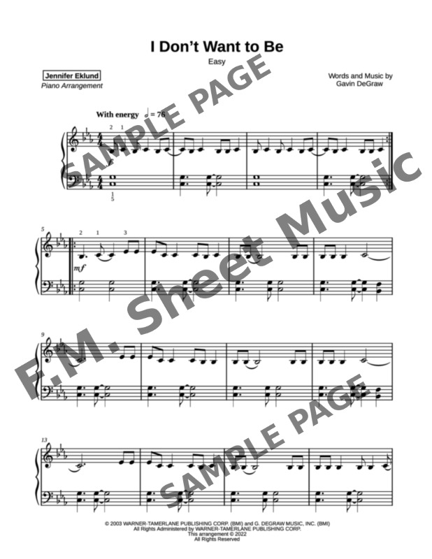 I Don't Want To Be (Easy Piano) By Gavin DeGraw - F.M. Sheet Music ...