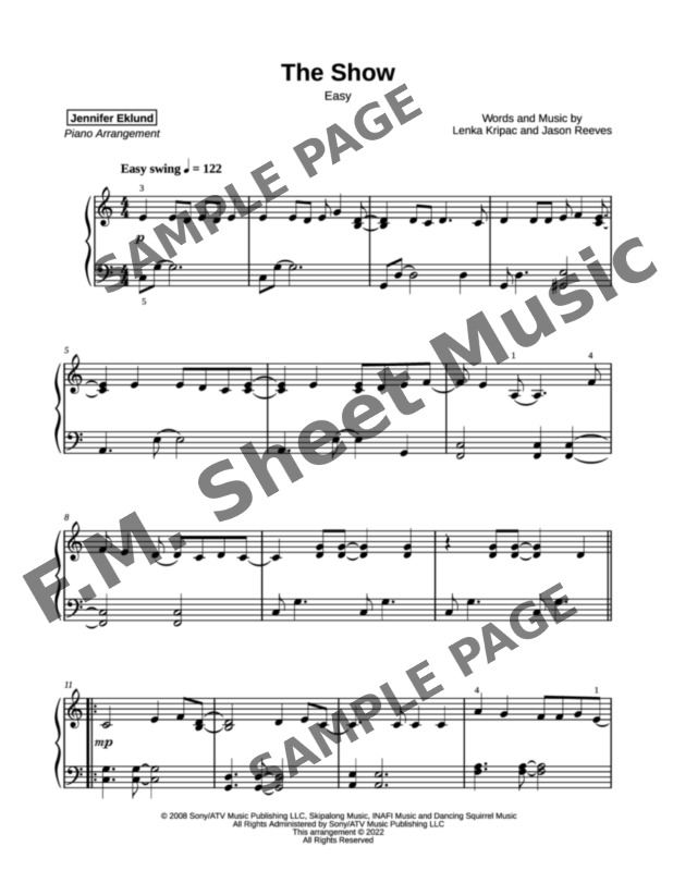 The Show (Easy Piano) By Lenka - F.M. Sheet Music - Pop Arrangements by ...
