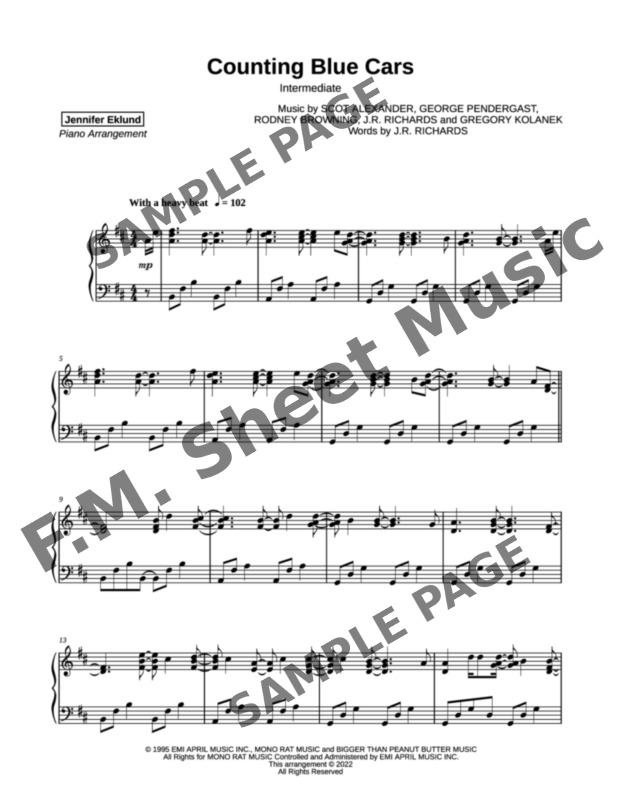 Counting Blue Cars (Intermediate Piano) By Dishwalla - F.M. Sheet Music ...