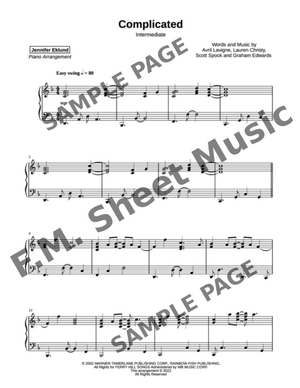 Complicated (Intermediate Piano) By Avril Lavigne - F.M. Sheet Music ...