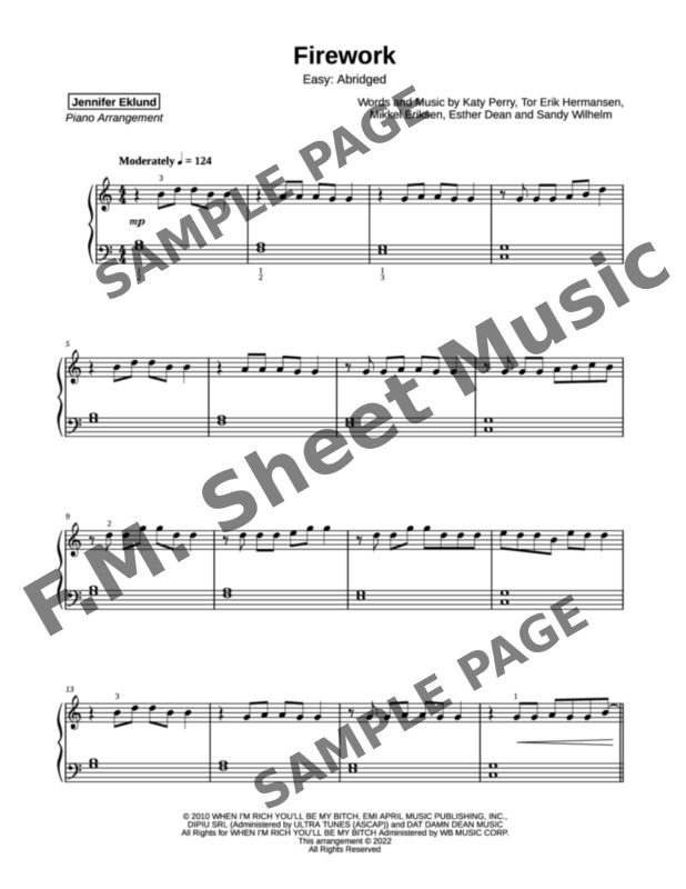 Firework (Easy Piano) By Katy Perry - F.M. Sheet Music - Pop ...