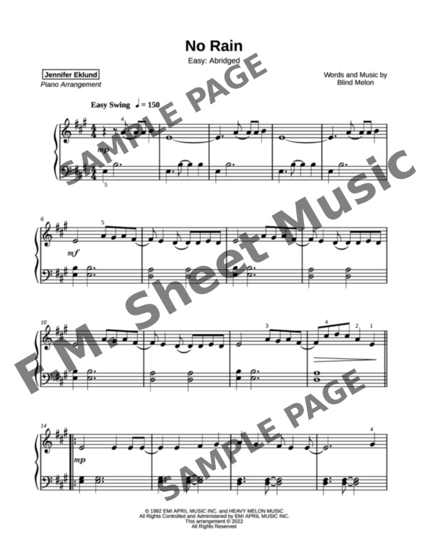 No Rain (Easy Piano) By Blind Melon - F.M. Sheet Music - Pop ...