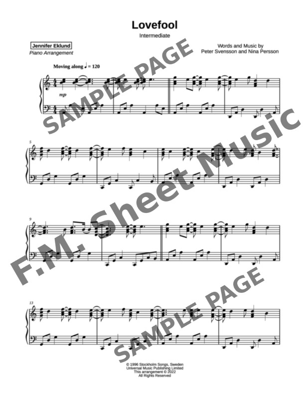 Lovefool (Intermediate Piano) By The Cardigans - F.M. Sheet Music - Pop ...