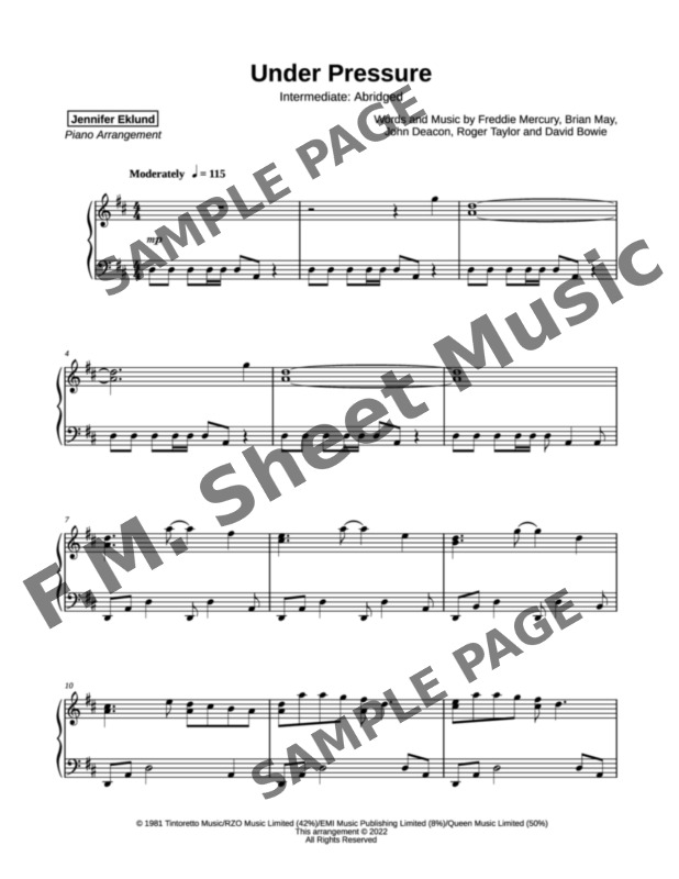 Under Pressure (Intermediate Piano) By David Bowie, Queen - F.M. Sheet ...