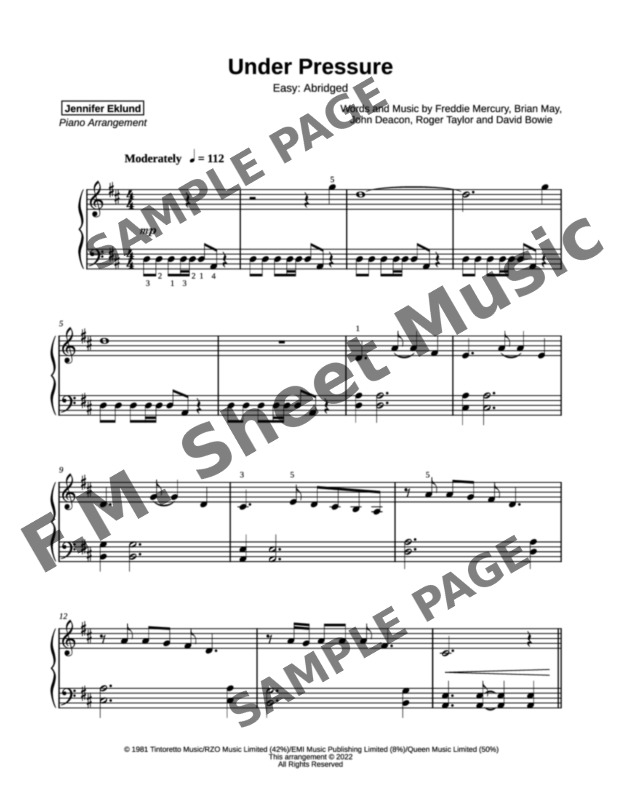 Under Pressure (Easy Piano) By David Bowie, Queen - F.M. Sheet Music ...