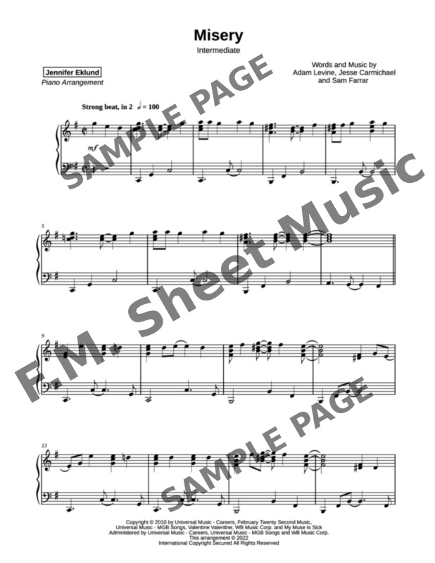 Misery (Intermediate) By Maroon 5 - F.M. Sheet Music - Pop Arrangements ...