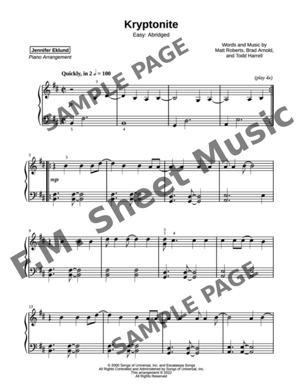Kryptonite (Easy Piano) By 3 Doors Down - F.M. Sheet Music - Pop ...