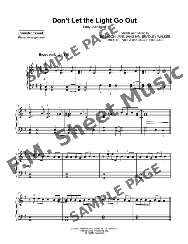 Don't Let the Light Go Out (Easy Piano) By Panic! at the Disco - F.M ...