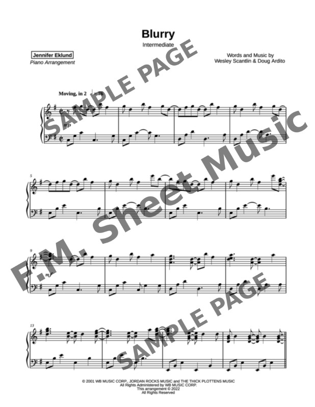 Blurry (Intermediate Piano) By Puddle of Mudd - F.M. Sheet Music - Pop ...
