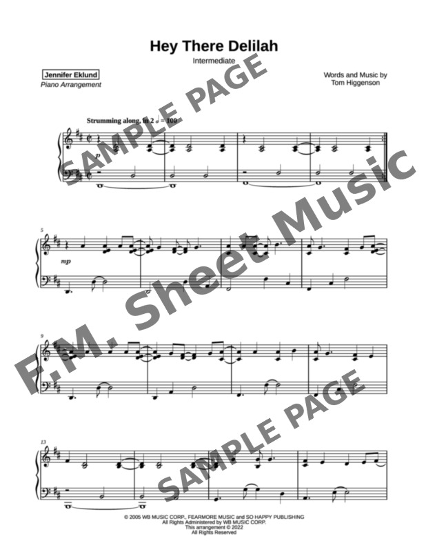 Hey There Delilah (Intermediate Piano) By Plain White T's - F.M. Sheet ...