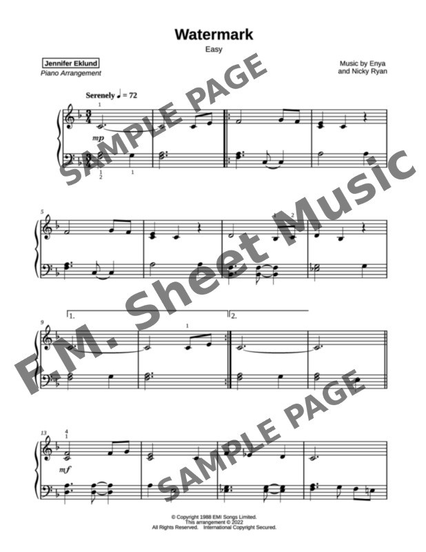 Watermark (Easy Piano) By Enya - F.M. Sheet Music - Pop Arrangements by ...