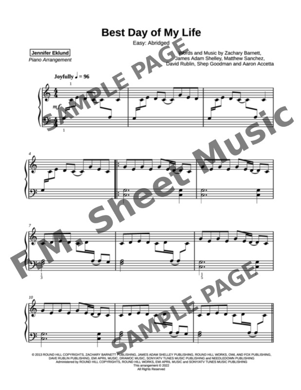 Best Day of My Life (Easy Piano) By American Authors - F.M. Sheet Music ...