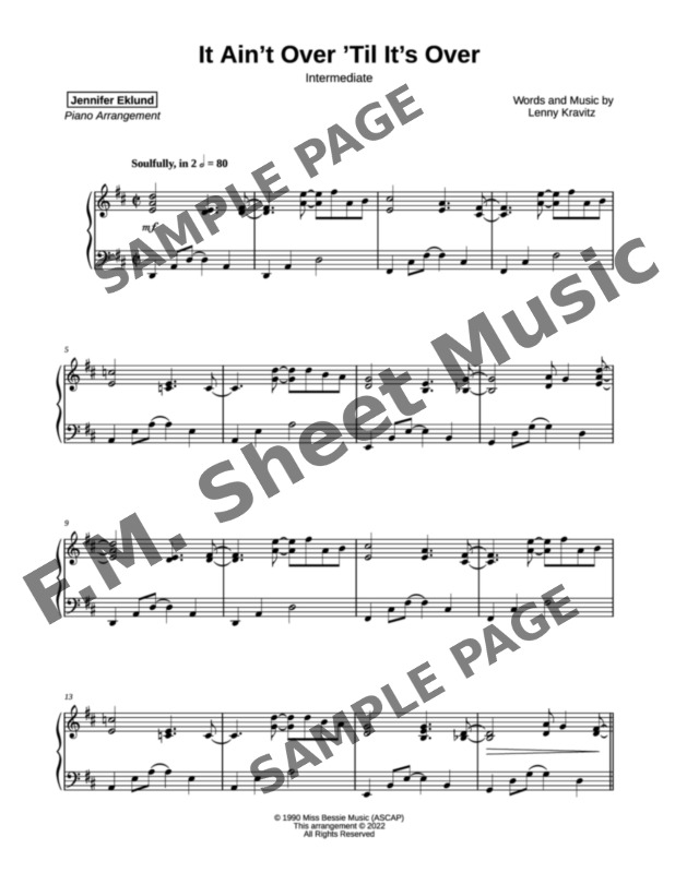 It Ain't Over 'Til It's Over (Intermediate Piano) By Lenny Kravitz - F ...