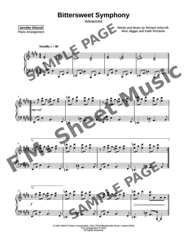 Bittersweet Symphony (Advanced Piano) By The Verve - F.M. Sheet Music ...