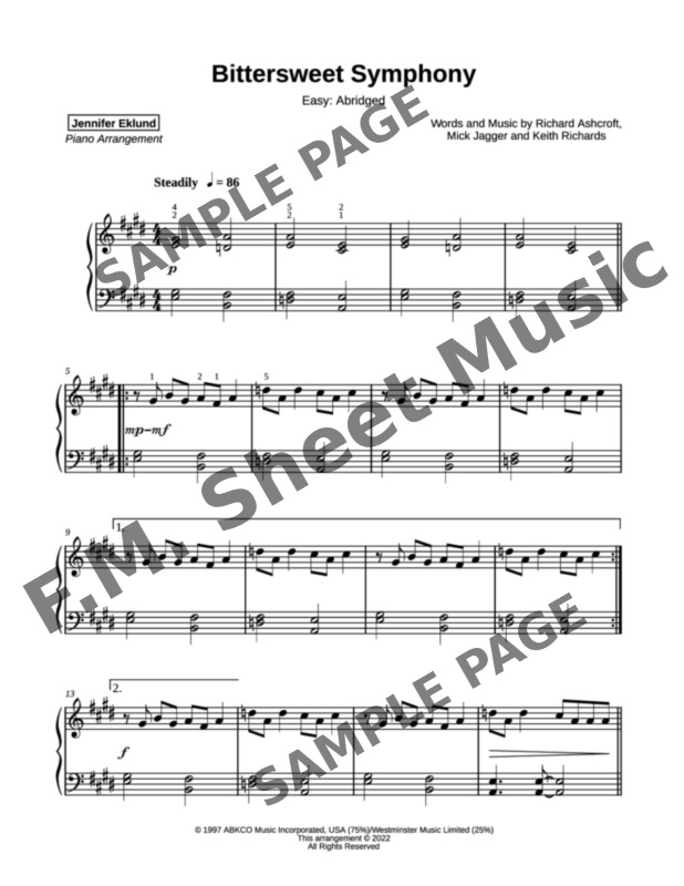 Bittersweet Symphony (Easy Piano) By The Verve - F.M. Sheet Music - Pop ...