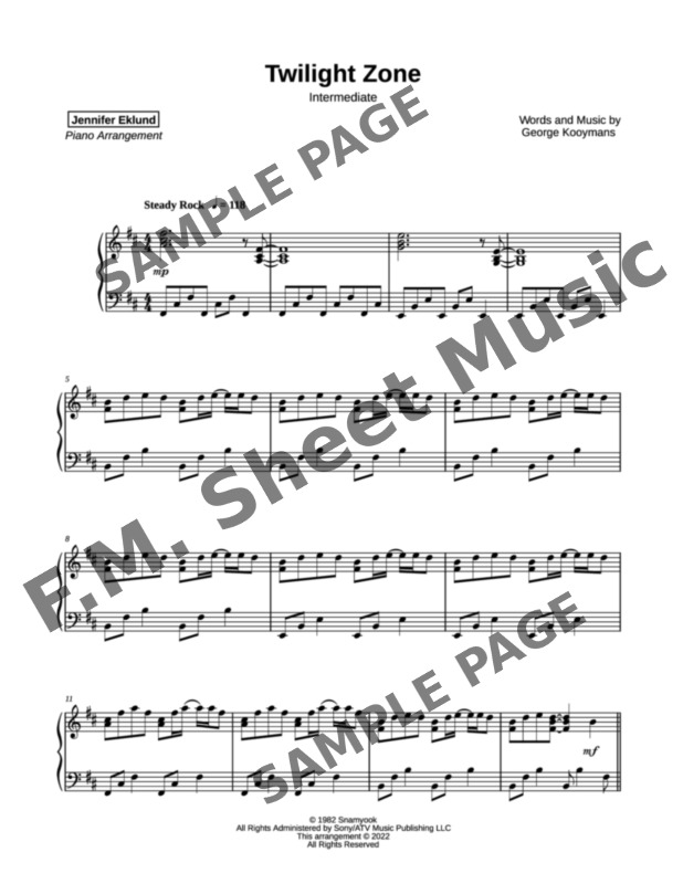Twilight Zone (Intermediate Piano) By Golden Earring - F.M. Sheet Music ...