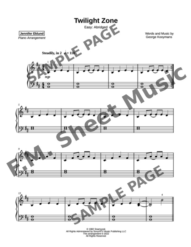 Twilight Zone (Easy Piano) By Golden Earring - F.M. Sheet Music - Pop ...