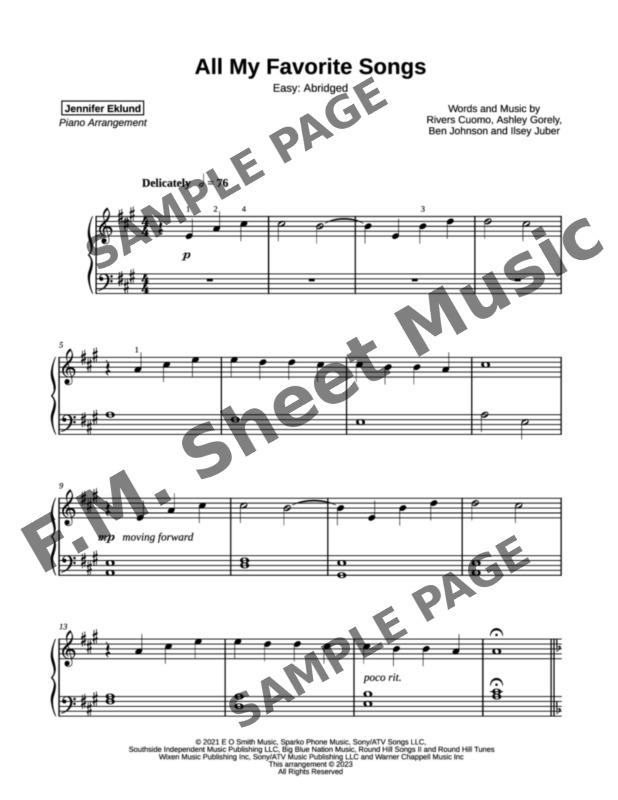 All My Favorite Songs (Easy Piano) By Weezer - F.M. Sheet Music - Pop ...