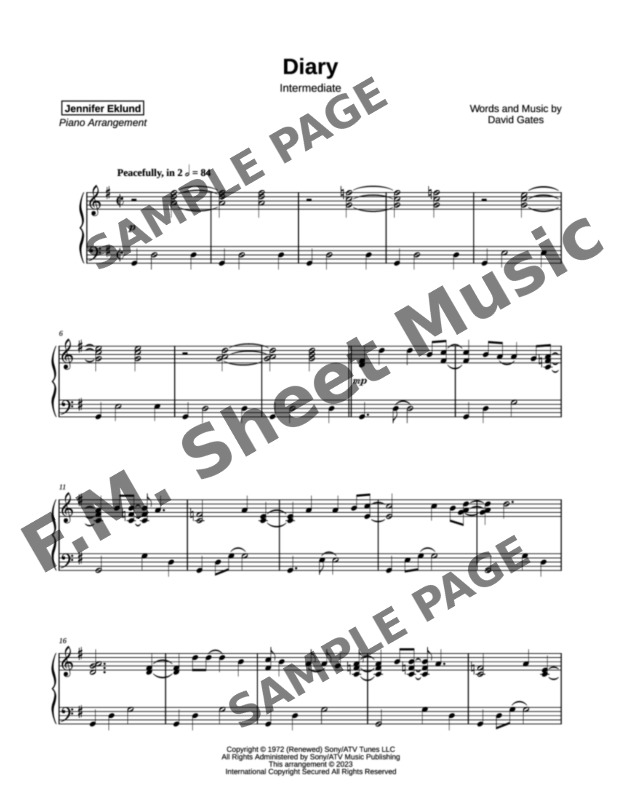 Diary (Intermediate Piano) By Bread - F.M. Sheet Music - Pop ...