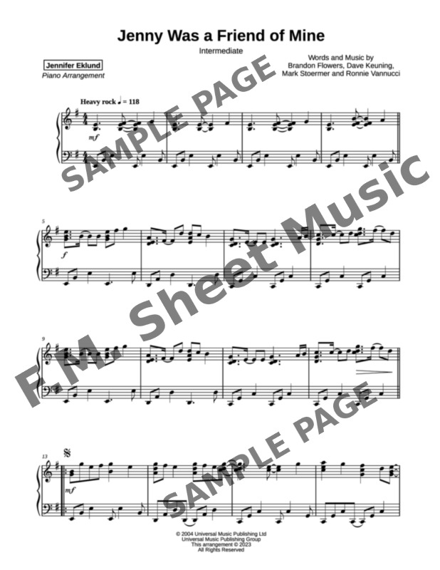 Jenny Was a Friend of Mine (Intermediate Piano) By The Killers - F.M ...
