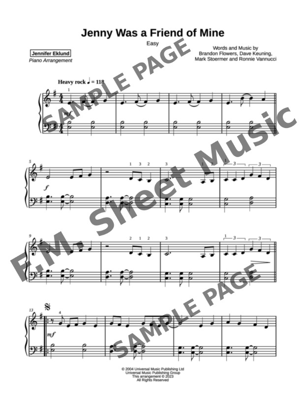 Jenny Was a Friend of Mine (Easy Piano) By The Killers - F.M. Sheet ...