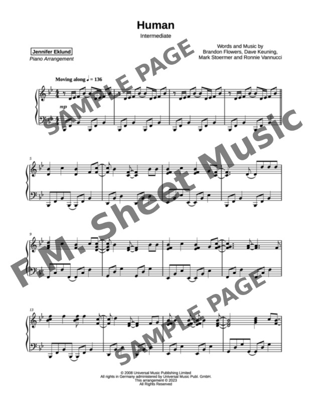 Human (Intermediate Piano) By The Killers - F.M. Sheet Music - Pop ...