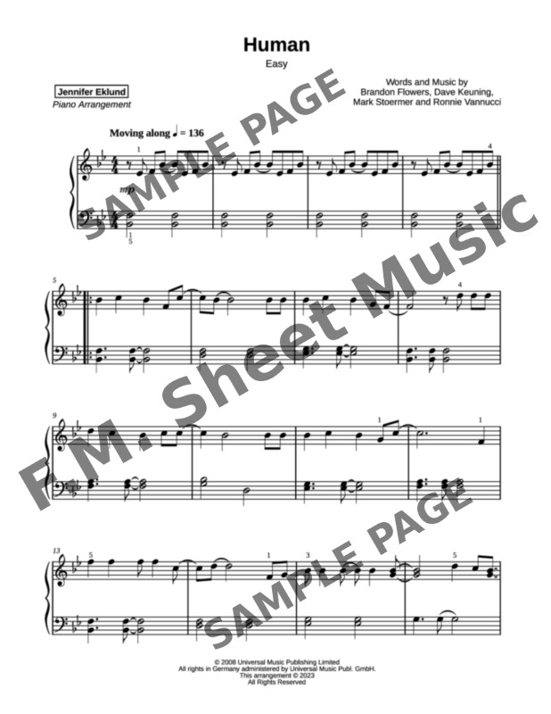 Human (Easy Piano) By The Killers - F.M. Sheet Music - Pop Arrangements ...