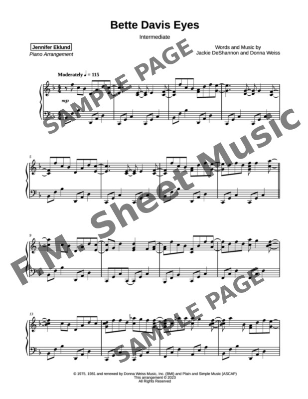 Bette Davis Eyes (Intermediate Piano) By Kim Carnes - F.M. Sheet Music ...