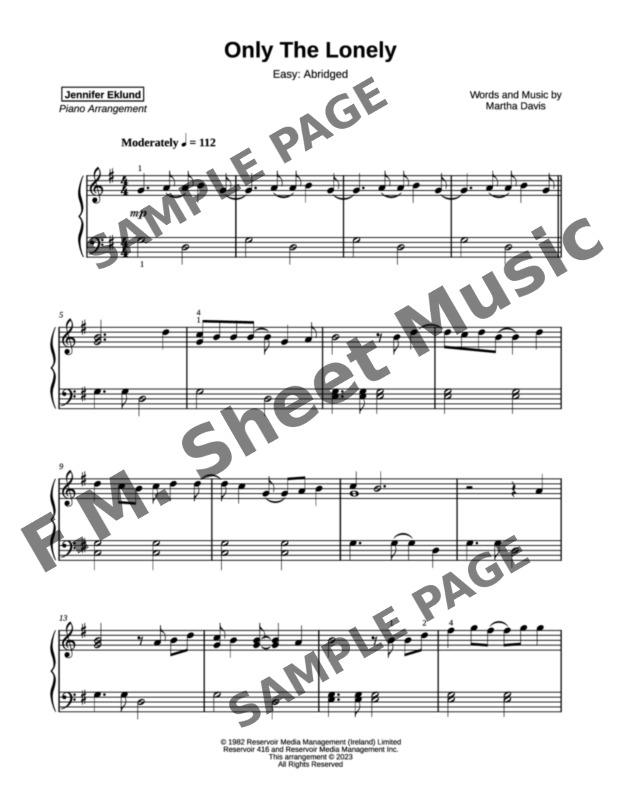 Only the Lonely (Easy Piano) By The Motels - F.M. Sheet Music - Pop ...