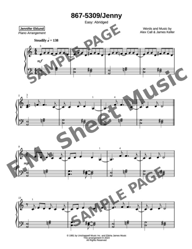 867-5309/Jenny (Easy Piano) By Tommy Tutone - F.M. Sheet Music - Pop ...