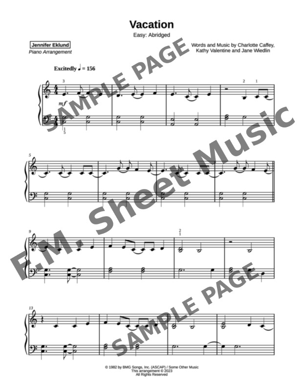 Vacation (Easy Piano) By The Go-Go's - F.M. Sheet Music - Pop ...