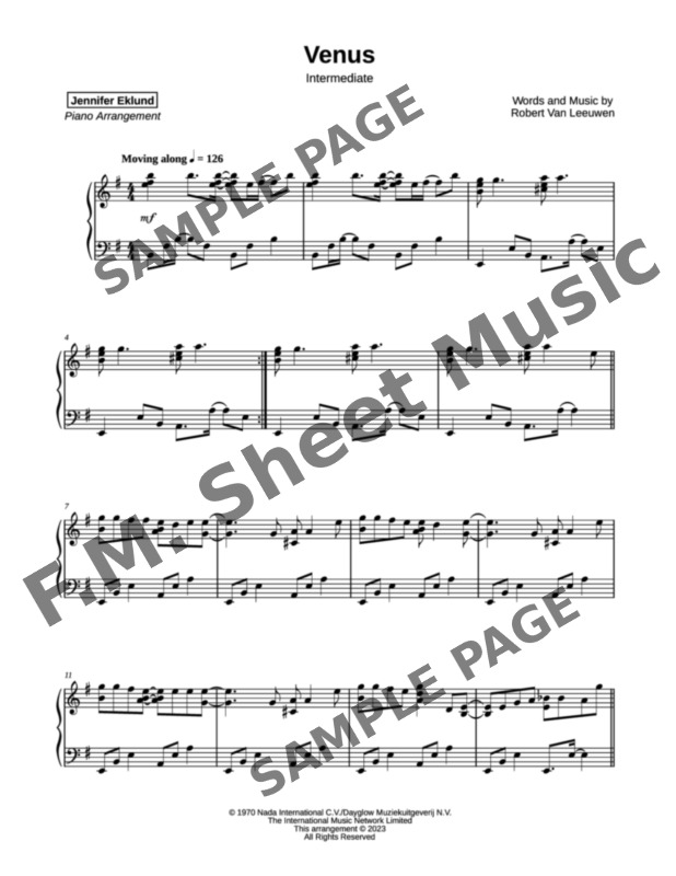 Venus (Intermediate Piano) By Bananarama - F.M. Sheet Music - Pop ...