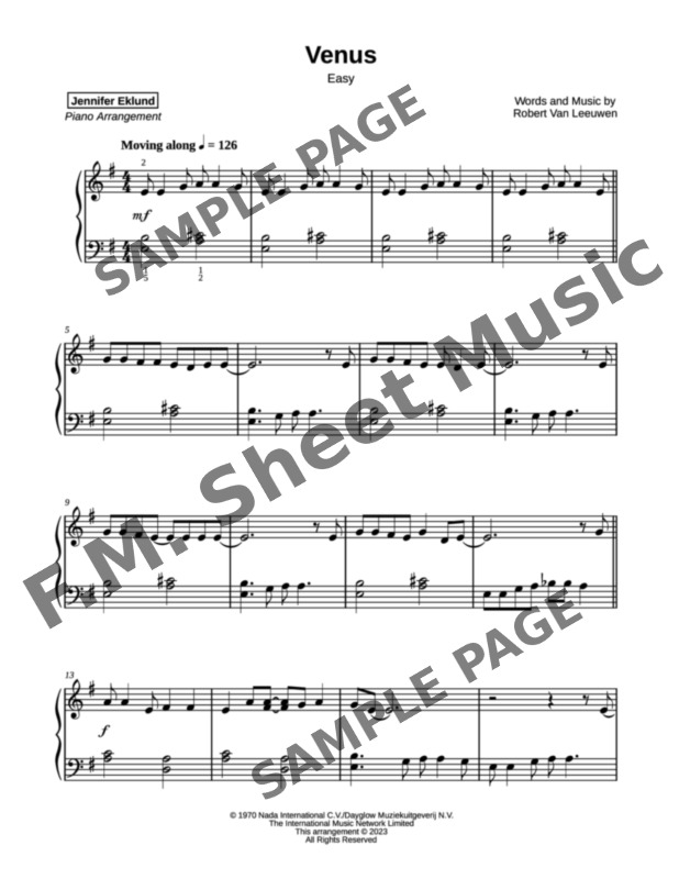 Venus (Easy Piano) By Bananarama - F.M. Sheet Music - Pop Arrangements ...