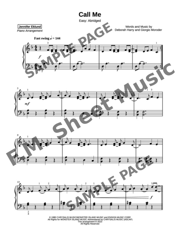 Call Me (Easy Piano) By Blondie - F.M. Sheet Music - Pop Arrangements ...