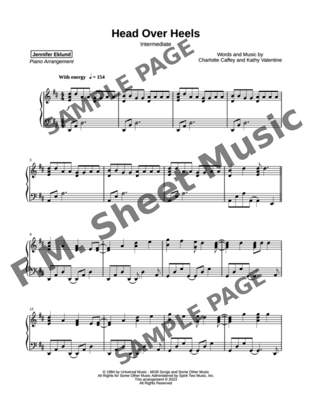 Head Over Heels (Intermediate Piano) By The Go-Go's - F.M. Sheet Music ...