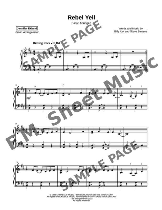 Rebel Yell (Easy Piano) By Billy Idol - F.M. Sheet Music - Pop ...