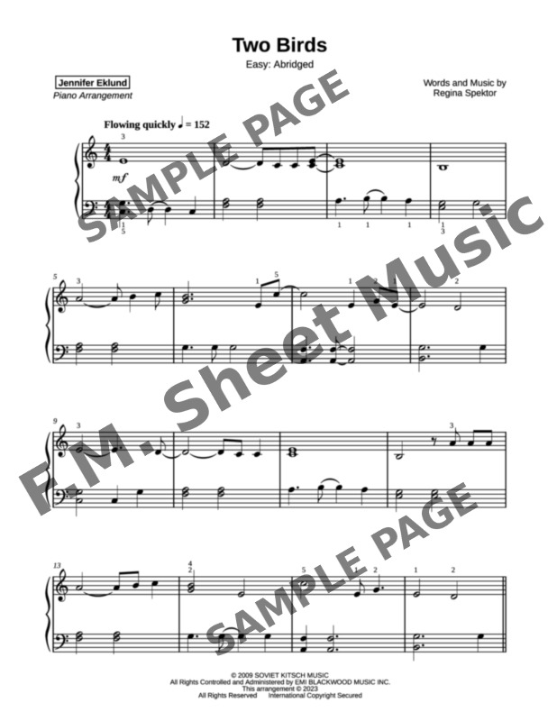 Two Birds (Easy Piano) By Regina Spektor - F.M. Sheet Music - Pop ...