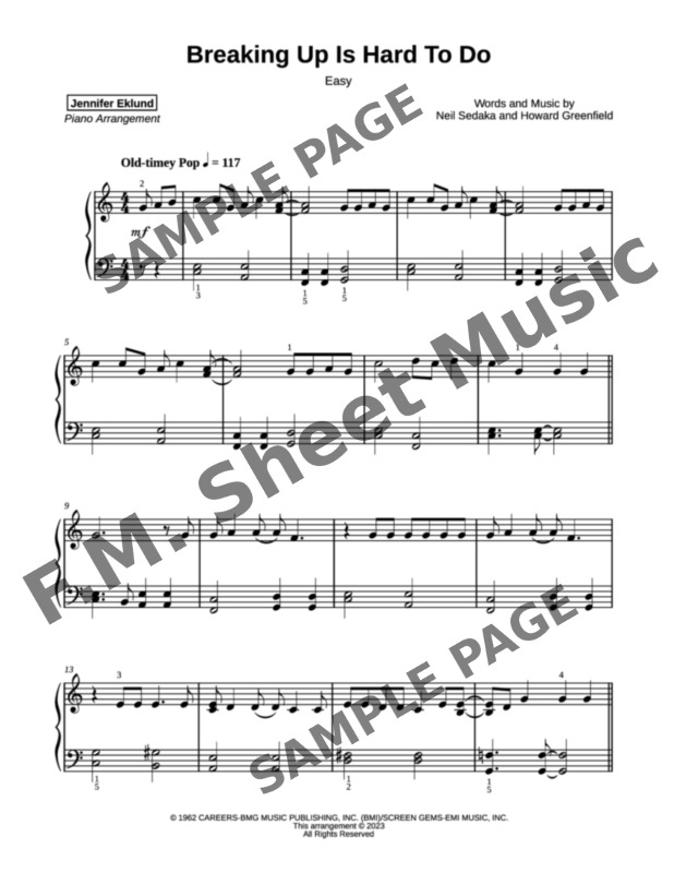 Breaking Up Is Hard To Do (Easy Piano) By Neil Sedaka - F.M. Sheet ...