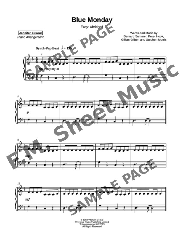 Blue Monday (Easy Piano) By New Order - F.M. Sheet Music - Pop ...